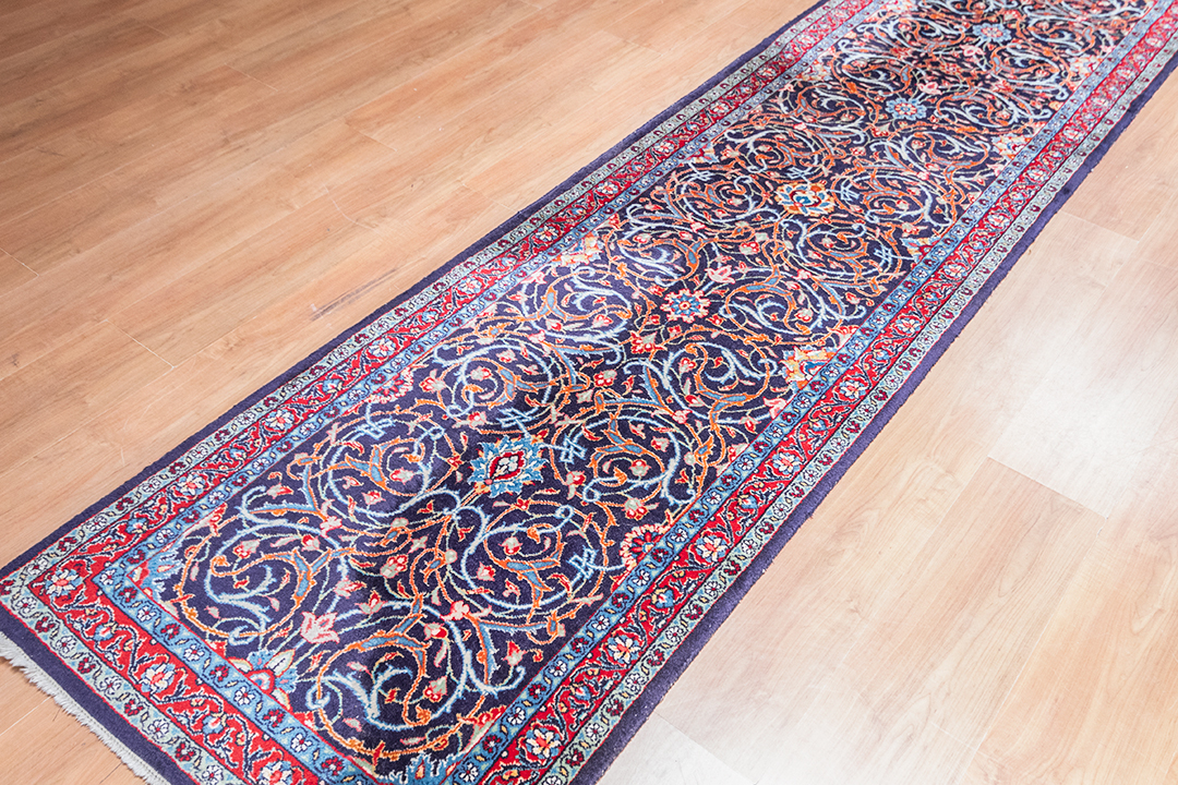 Vintage loper tapijt blauw met ‘swirl' patroon 408x85 cm - Froufrou's